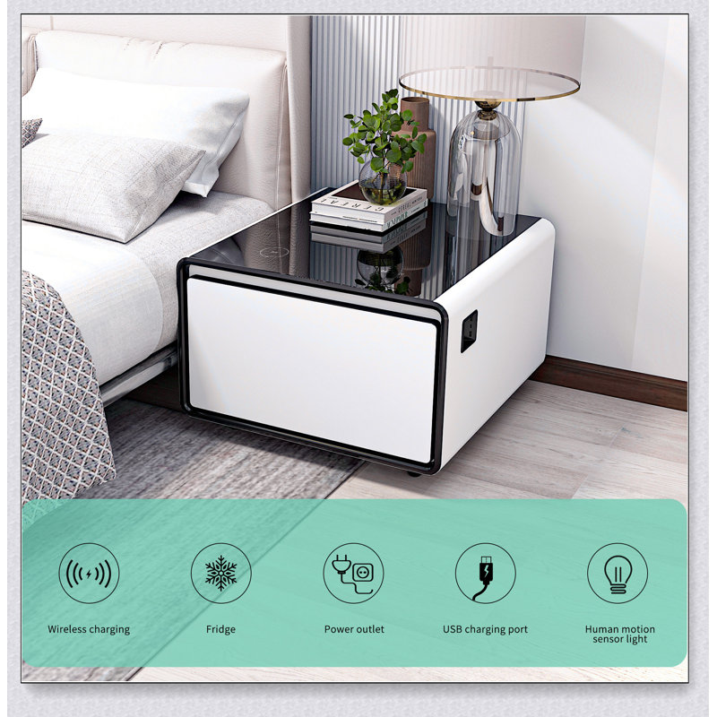 Orren Ellis Modern Smart Side Table with Built in Fridge Wireless Charging Temperature Control Wayfair